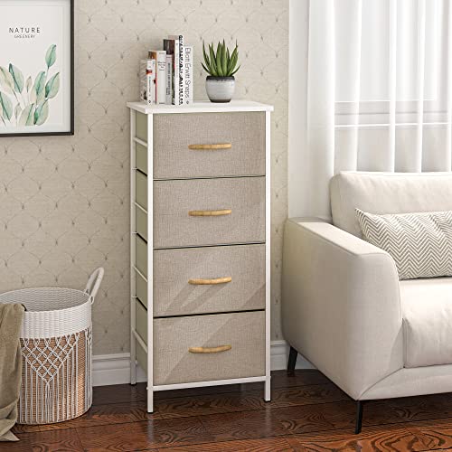 JSungo Dresser Storage Tower with 4 Drawers, Fabric Organizer Unit with Wooden Top for Bedroom, Living Room, Closets, 4 Tier Fabric Shelf with Steel Frame and Handles for Printer, Beige