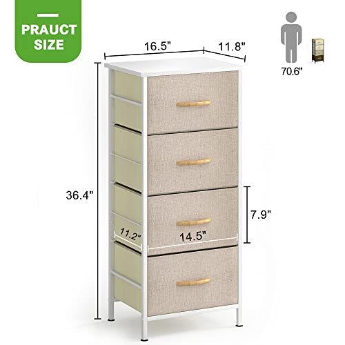 JSungo Dresser Storage Tower with 4 Drawers, Fabric Organizer Unit with Wooden Top for Bedroom, Living Room, Closets, 4 Tier Fabric Shelf with Steel Frame and Handles for Printer, Beige