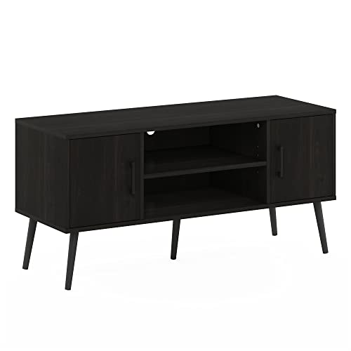 Furinno Claude Mid Century Style Wood Legs TV Stand For TV Size Up To 50 inch With Two Cabinets, Espresso