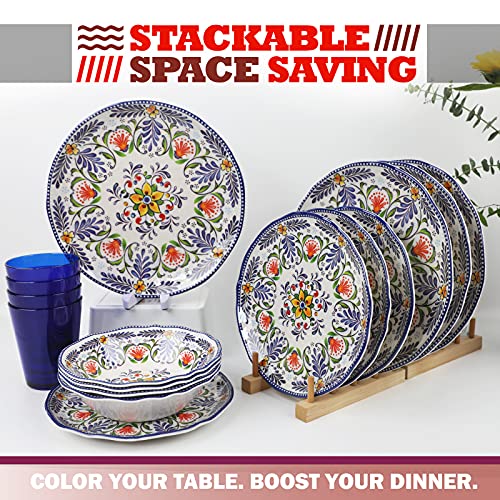 Melamine Dinnerware Set for 4-16 Pcs:Camping Dishes Set with Dinner Plates,Salad Plates,Cups and Bowls.Lightweight and Unbreakable,Indoor and Outdoor Use