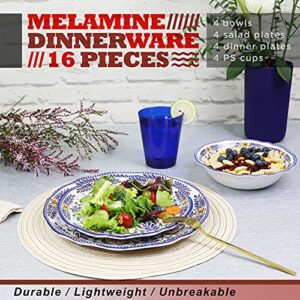 Melamine Dinnerware Set for 4-16 Pcs:Camping Dishes Set with Dinner Plates,Salad Plates,Cups and Bowls.Lightweight and Unbreakable,Indoor and Outdoor Use