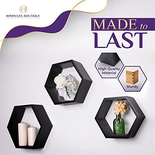 Kompleza Boutique Hexagon Shelves. Create Unique Wall Art with an Elegant Set of 3 Black Honeycomb Shelves. Sturdy Honeycomb Shelves for Modern Décor.