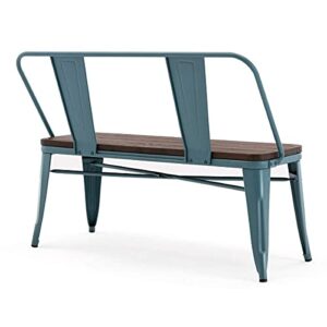 MELLCOM Metal Bench Industrial Mid-Century 3 Person Chair with Wood Seat,Dining Bench with Floor Protector,Blue