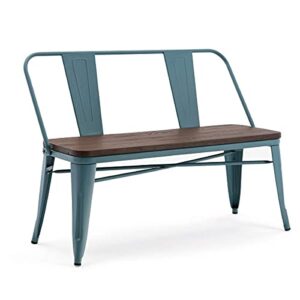 MELLCOM Metal Bench Industrial Mid-Century 3 Person Chair with Wood Seat,Dining Bench with Floor Protector,Blue