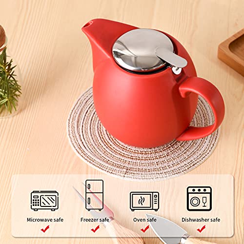 Yundu 32 ounce Red Porcelain Tea Pot - Stainless Steel Lid and Fine Infuser To Brew Loose Leaf Tea, Enough For 4 Cups