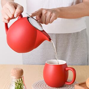 Yundu 32 ounce Red Porcelain Tea Pot - Stainless Steel Lid and Fine Infuser To Brew Loose Leaf Tea, Enough For 4 Cups