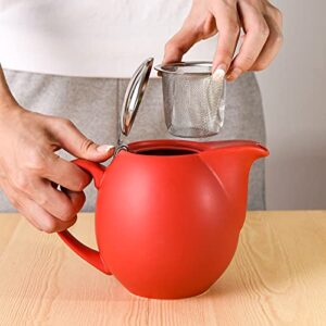 Yundu 32 ounce Red Porcelain Tea Pot - Stainless Steel Lid and Fine Infuser To Brew Loose Leaf Tea, Enough For 4 Cups