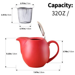 Yundu 32 ounce Red Porcelain Tea Pot - Stainless Steel Lid and Fine Infuser To Brew Loose Leaf Tea, Enough For 4 Cups