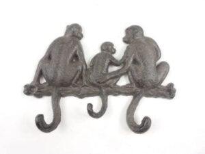 handcrafted nautical decor cast iron sitting monkey family decorative metal wall hooks 8"