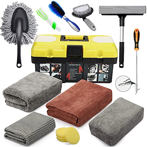 MOFEEZ Car Wash Cleaning Tools Kit Car Detailing Set with Absorbent Towels Dash Duster Tire Wheel Brushes Window Squeegee Air Conditioner Brush Waxing Sponge (15pcs)