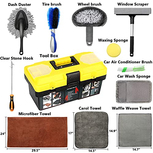 MOFEEZ Car Wash Cleaning Tools Kit Car Detailing Set with Absorbent Towels Dash Duster Tire Wheel Brushes Window Squeegee Air Conditioner Brush Waxing Sponge (15pcs)