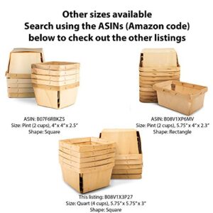 One Quart Wooden Gift Baskets (50 Pack); for Picking Fruit or Arts, Crafts and Decor; 5.75” Square Vented Wood Boxes