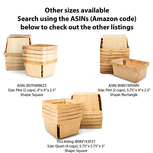 One Quart Wooden Gift Baskets (50 Pack); for Picking Fruit or Arts, Crafts and Decor; 5.75” Square Vented Wood Boxes