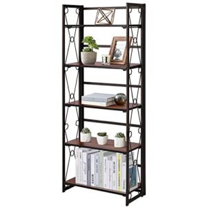 vecelo bookshelf, 5 shelf folding bookcase no assembly, industrial metal standing shelves organizer for living room, bedroom and office, teakwood brown