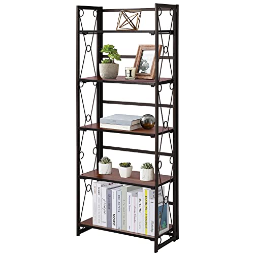 VECELO Bookshelf, 5 Shelf Folding Bookcase No Assembly, Industrial Metal Standing Shelves Organizer for Living Room, Bedroom and Office, Teakwood Brown