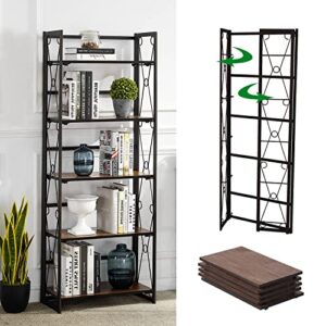 VECELO Bookshelf, 5 Shelf Folding Bookcase No Assembly, Industrial Metal Standing Shelves Organizer for Living Room, Bedroom and Office, Teakwood Brown