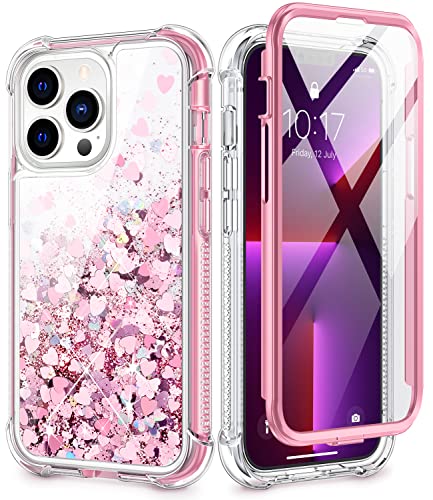 Caka for iPhone 13 Pro Max Case Glitter Women Girls with Built-in Screen Protector Bling Sparkle Liquid Quicksand Full Body Protective Case for iPhone 13 Pro Max 6.7 (Rose Gold)