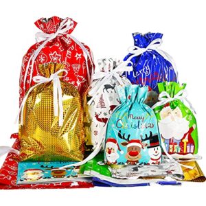 advantez christmas drawstring gift bags, christmas foil gift bags, 30pcs & 4 sizes, xmas gift bags for christmas goodie birthday party festival gift wrapping (small medium large xl)