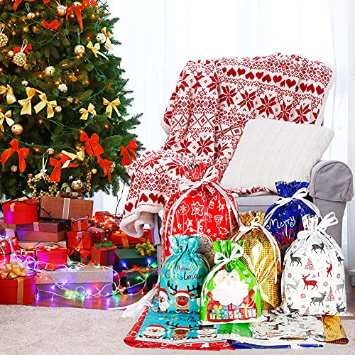 Advantez Christmas Drawstring Gift Bags, Christmas Foil Gift Bags, 30Pcs & 4 Sizes, Xmas Gift Bags for Christmas Goodie Birthday Party Festival Gift Wrapping (Small Medium Large XL)