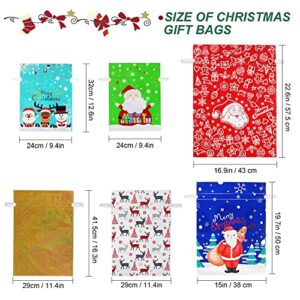 Advantez Christmas Drawstring Gift Bags, Christmas Foil Gift Bags, 30Pcs & 4 Sizes, Xmas Gift Bags for Christmas Goodie Birthday Party Festival Gift Wrapping (Small Medium Large XL)