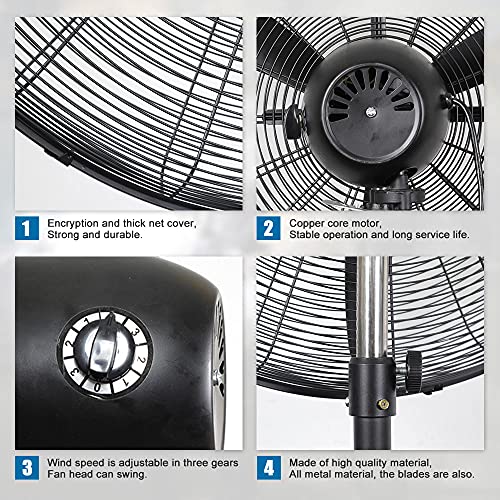 KAPAS Industrial Pedestal Fans, Commercial Oscillating Fan Made by Heavy Duty Metal Structure and Blade, Adjust Height, 3- Speed Control Suitable to Warehouse, Shop, Garage, and Workspace. (30'')