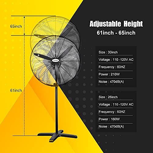 KAPAS Industrial Pedestal Fans, Commercial Oscillating Fan Made by Heavy Duty Metal Structure and Blade, Adjust Height, 3- Speed Control Suitable to Warehouse, Shop, Garage, and Workspace. (30'')