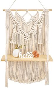 mkono macrame wall hanging shelf boho decor wood floating shelf for bedroom living room nursery bathroom, handmade woven rope storage rack for photo frames plant display