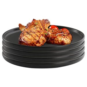 zenfun set of 4 porcelain dinner plates, 10 inch matte ceramic dish steak plates, elegant large round serving plates for salad, pasta, pizza, dishwasher & microwave safe, black