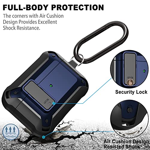 Wonjury for Airpods Pro Case Cover for Men with Lock, Military Armor Series Full-Body AirPod Pro Case with Keychain Cool Air Pod Pro Shockproof Protective Case for AirPods Pro 2019, Black/Blue