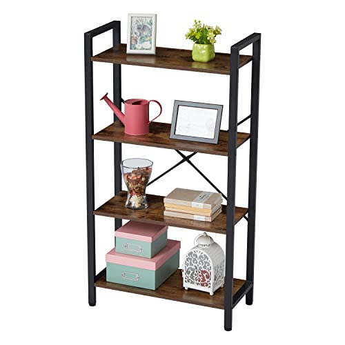 ide¡¤o, IDEO Bookshelf 4 Tier Home Office Industrial Bookcase Storage, Retro Brown, 47.44x25.98x11.81In