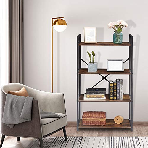 ide¡¤o, IDEO Bookshelf 4 Tier Home Office Industrial Bookcase Storage, Retro Brown, 47.44x25.98x11.81In