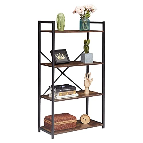 ide¡¤o, IDEO Bookshelf 4 Tier Home Office Industrial Bookcase Storage, Retro Brown, 47.44x25.98x11.81In