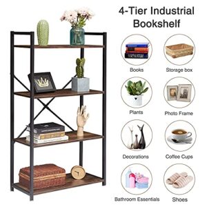 ide¡¤o, IDEO Bookshelf 4 Tier Home Office Industrial Bookcase Storage, Retro Brown, 47.44x25.98x11.81In