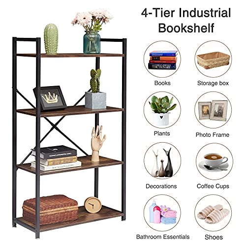 ide¡¤o, IDEO Bookshelf 4 Tier Home Office Industrial Bookcase Storage, Retro Brown, 47.44x25.98x11.81In