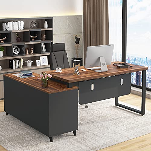 Tribesigns L Shaped Desk with 2 Drawers, 55 Inch Executive Office Desk with Cabinet Storage Shelves, Business Furniture L Shaped Computer Desk for Home Office