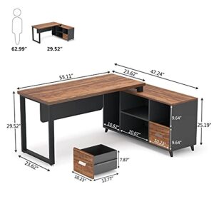 Tribesigns L Shaped Desk with 2 Drawers, 55 Inch Executive Office Desk with Cabinet Storage Shelves, Business Furniture L Shaped Computer Desk for Home Office