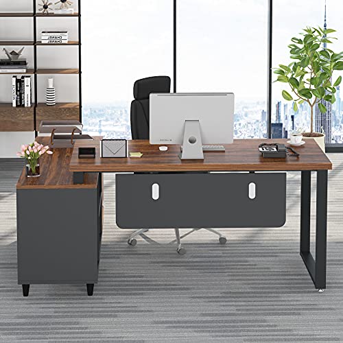 Tribesigns L Shaped Desk with 2 Drawers, 55 Inch Executive Office Desk with Cabinet Storage Shelves, Business Furniture L Shaped Computer Desk for Home Office