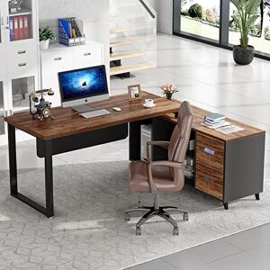 Tribesigns L Shaped Desk with 2 Drawers, 55 Inch Executive Office Desk with Cabinet Storage Shelves, Business Furniture L Shaped Computer Desk for Home Office