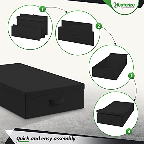 NEATERIZE Storage Box, Under Bed Storage Bins With Lids, Set of 2, Long Flat Stackable Underbed Containers For Organizing Clothing, Shoes, toys, Blankets, and Linen. Garage Boxes, Large, Black