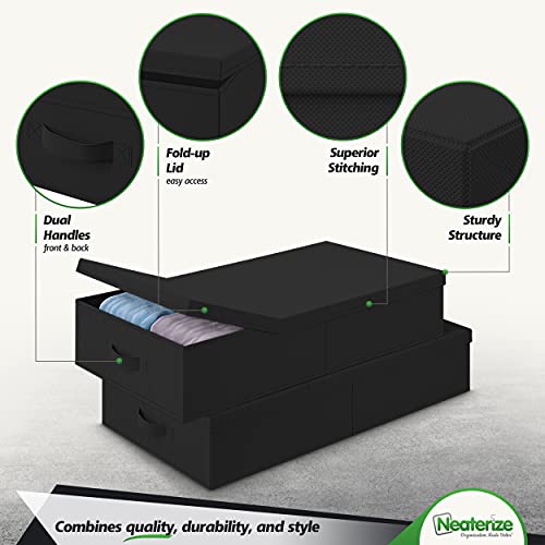 NEATERIZE Storage Box, Under Bed Storage Bins With Lids, Set of 2, Long Flat Stackable Underbed Containers For Organizing Clothing, Shoes, toys, Blankets, and Linen. Garage Boxes, Large, Black