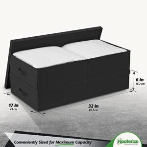 NEATERIZE Storage Box, Under Bed Storage Bins With Lids, Set of 2, Long Flat Stackable Underbed Containers For Organizing Clothing, Shoes, toys, Blankets, and Linen. Garage Boxes, Large, Black