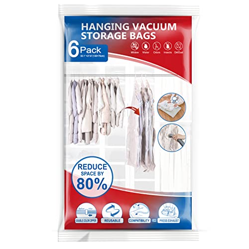 Hanging Vacuum Storage Bags, 6 Pack Large Hanging Space Saver Bags, Hanging Storage Bags for Clothes, Clothes Storage Bags Vacuum Sealed for Suits, Dress, Jackets, Closet Organizer for Moving Supplies(53.1x27.6 in)