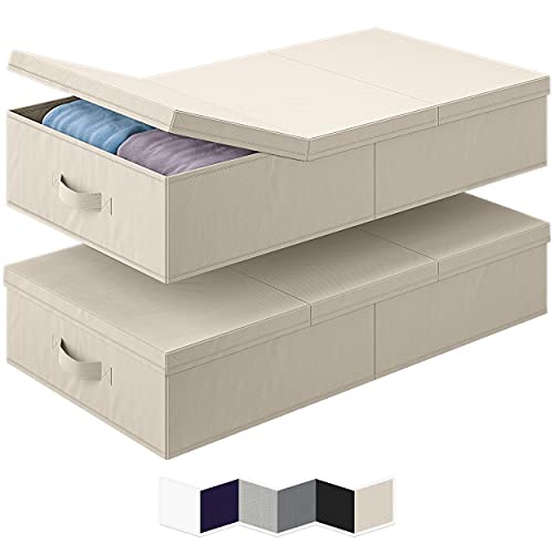 NEATERIZE Storage Box, Under Bed Storage Bins With Lids, Set of 2, Long Flat Stackable Underbed Containers For Organizing Clothing, Shoes, toys, Blankets, and Linen. Garage Boxes, Large, Beige