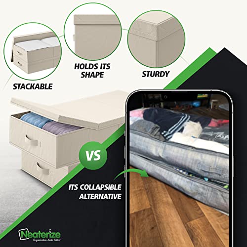 NEATERIZE Storage Box, Under Bed Storage Bins With Lids, Set of 2, Long Flat Stackable Underbed Containers For Organizing Clothing, Shoes, toys, Blankets, and Linen. Garage Boxes, Large, Beige