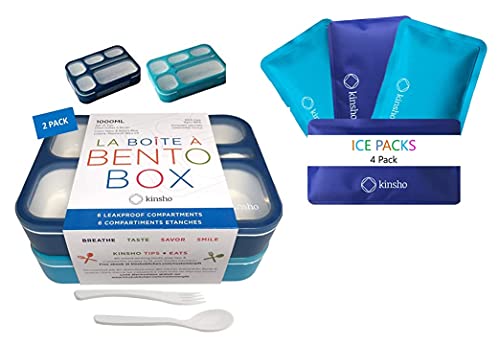 kinsho Bento Box Lunch Boxes and Matching Ice Packs (Blue)