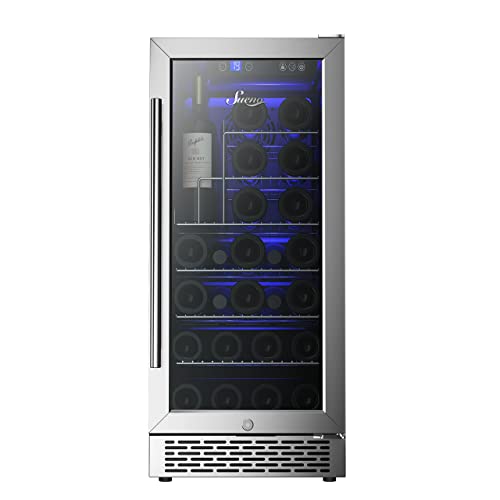 SUENO 15 Inch Built-In/Freestanding 32 Bottles or 96 Cans Wine Cellar And Beverage Fridge Smart Control Stainless Steel Mirror Glass Door W/Lock EFC-ZFA88 Compressor Wine Cooler Refrigerator