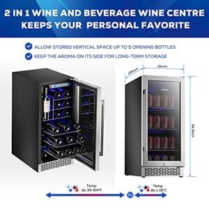 SUENO 15 Inch Built-In/Freestanding 32 Bottles or 96 Cans Wine Cellar And Beverage Fridge Smart Control Stainless Steel Mirror Glass Door W/Lock EFC-ZFA88 Compressor Wine Cooler Refrigerator