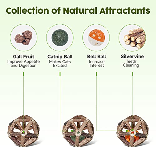 Potaroma Catnip Toys, 3Pcs Cat Toys Natural Silvervine Stick Cage Balls & Bell Ball for Indoor Cats, Kitten Cleaning Teeth Molar Tools Matatabi Cat Chew Toy