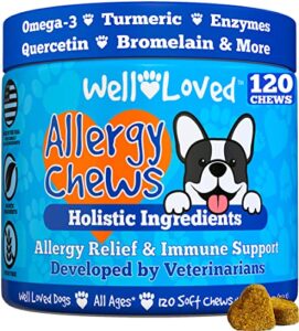 well loved dog allergy chews - dog allergy relief, made in usa, vet developed, hot spot treatment for dogs, dog itch relief, anti itch for dogs, dog vitamins, dog skin allergies treatment, 120 count