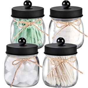 farmhouse rustic decorative mason jars, bathroom vanity storage organizer canisters,cute glass apothecary jars with stainless steel lid for cotton swabs,rounds,balls,floss picks,4 pack (clear/black)